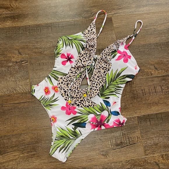 Swim | Tropical Floral Large One Piece Swimsuit Open Back Swim Bathing ...